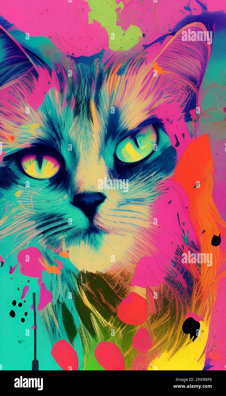 Colorful Cat Art, Fine Art Painting, Illustration Mascot Drawing ...