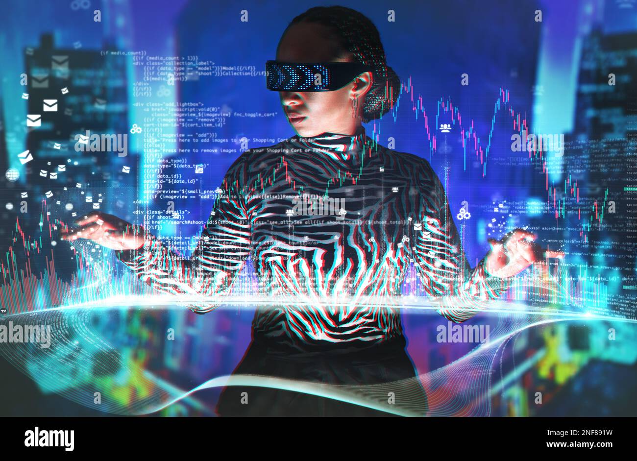 Metaverse, black woman and virtual reality glasses with overlay for ...