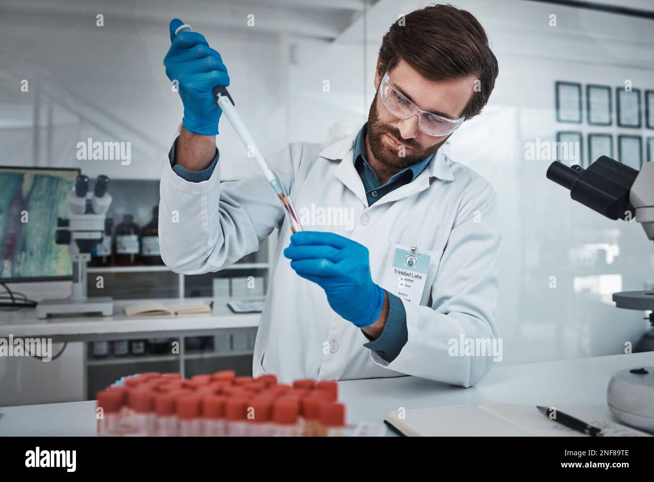 Science, DNA blood and man scientist for vaccine research test ...