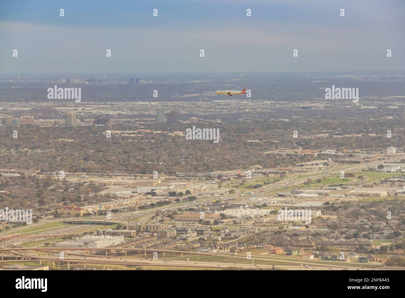 Texas, DEC 14, 2022 - Aerial view of an American airline airplane ...