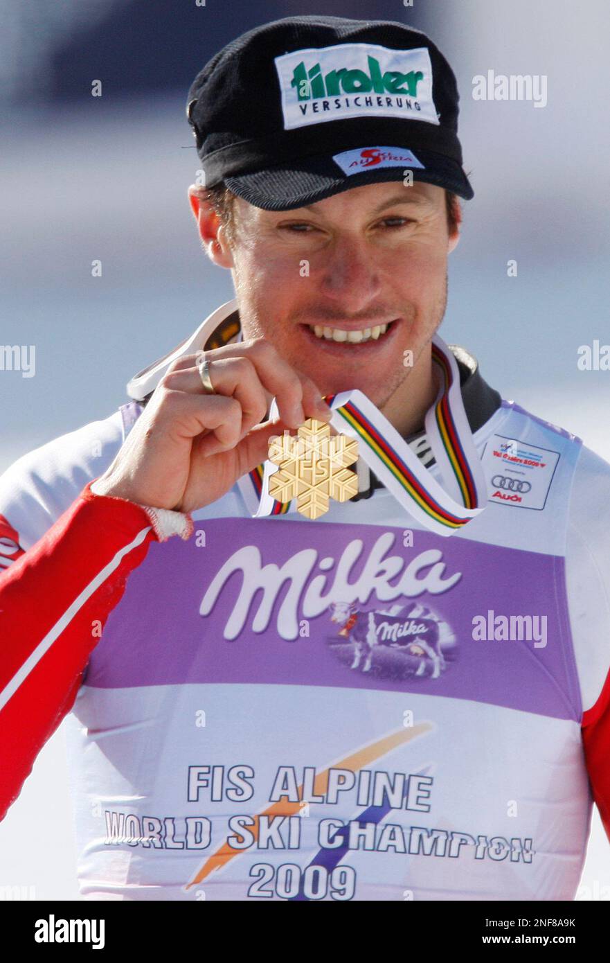Manfred Pranger, of Austria. shows the gold medal of the Men's Slalom ...