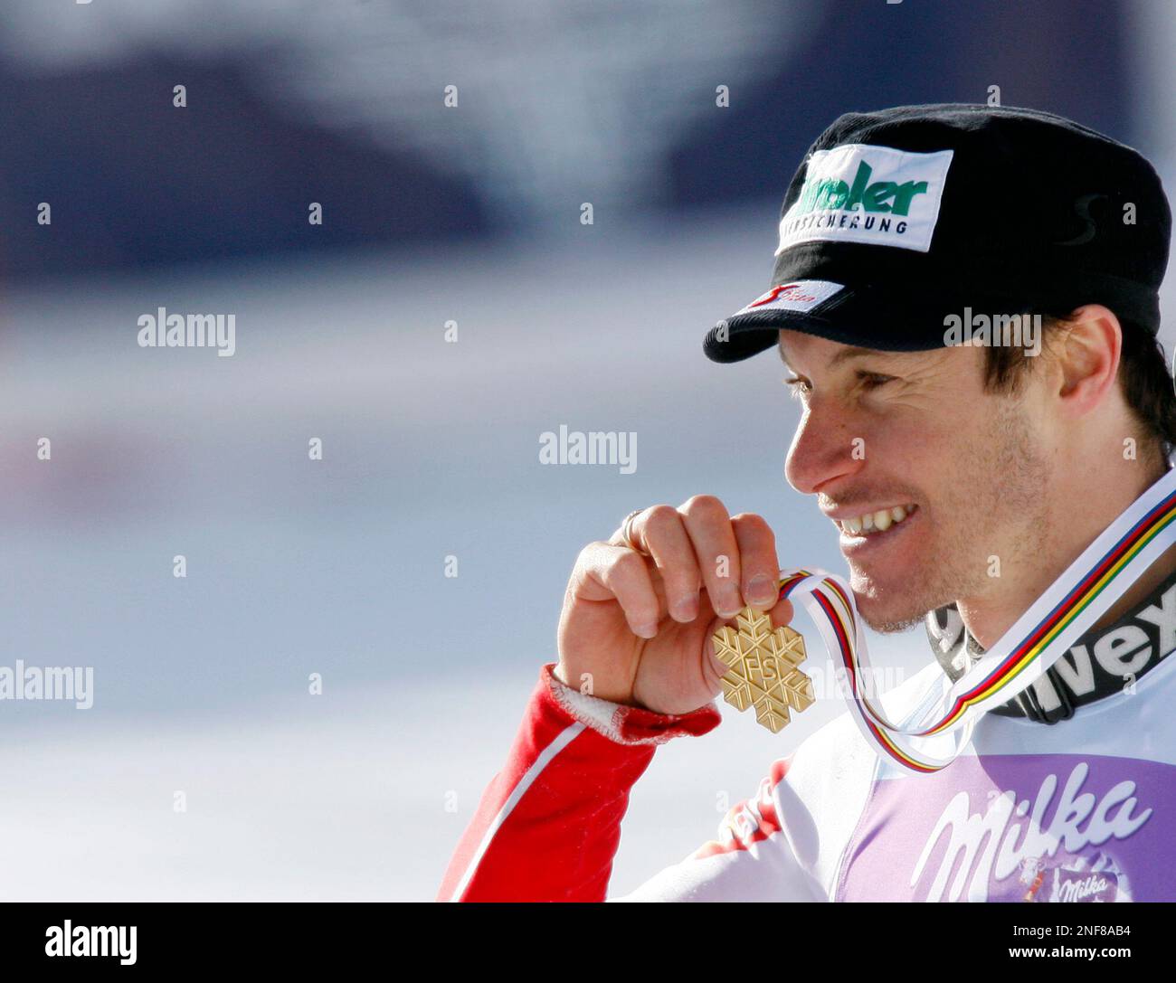 Manfred Pranger, of Austria. shows the gold medal of the Men's Slalom ...