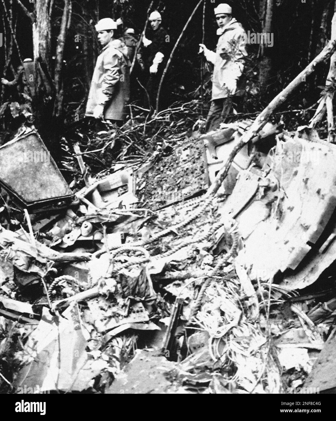Navy officers and rescue workers survey the wreckage of the Boeing 707 ...