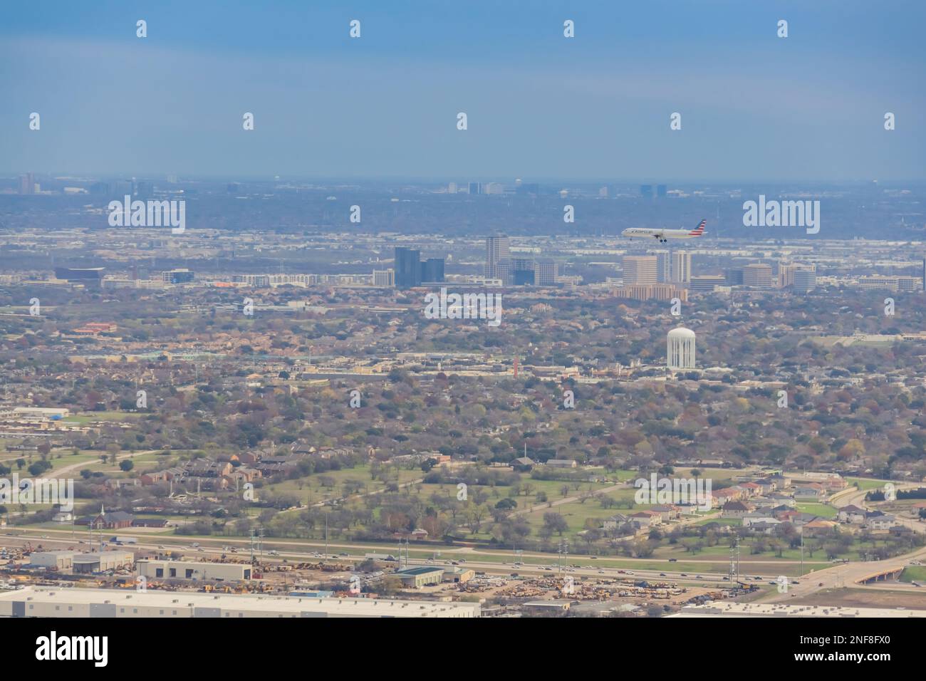 Texas, DEC 14, 2022 - Aerial view of an American airline airplane ...