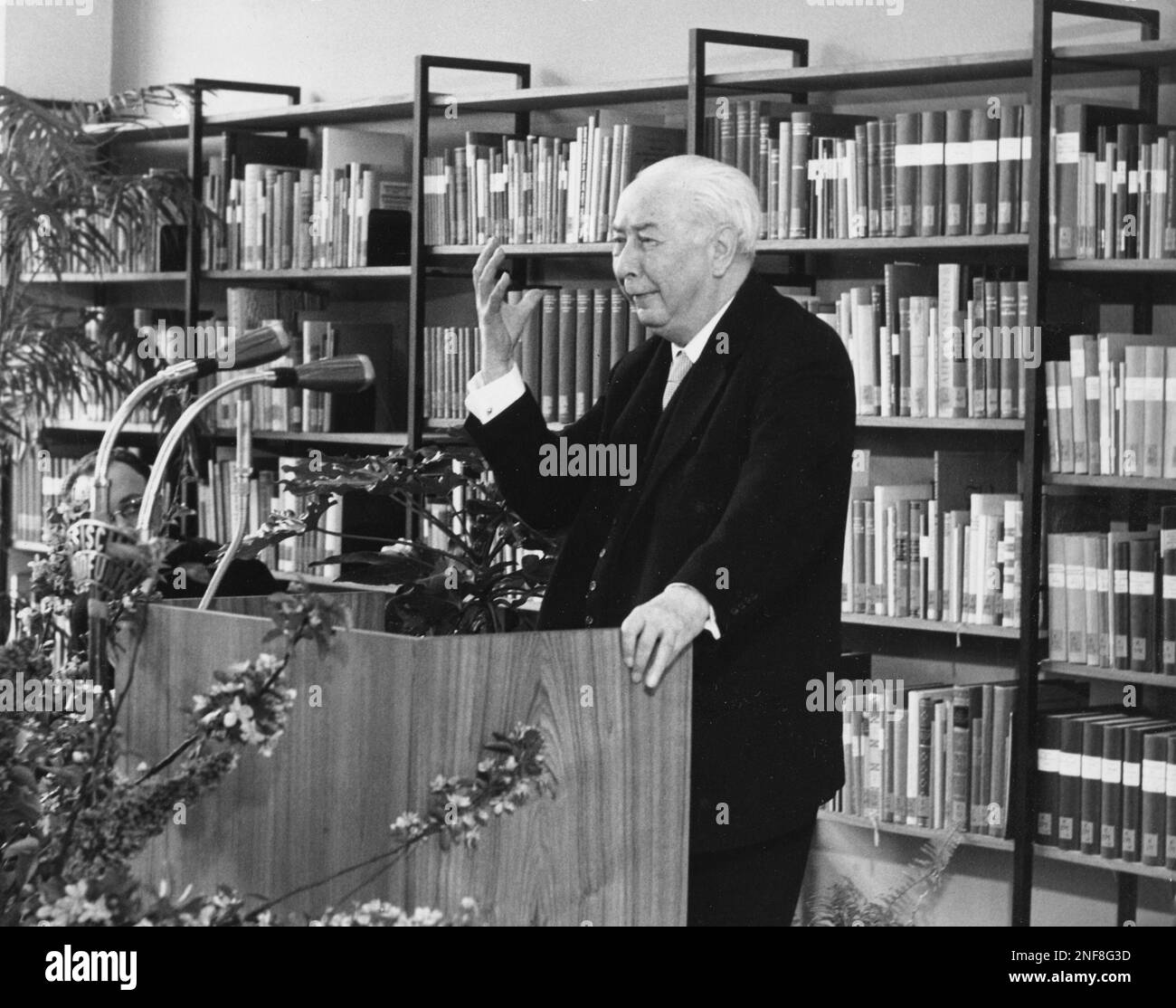 West German President Theodor Heuss gives his speech as the new ...