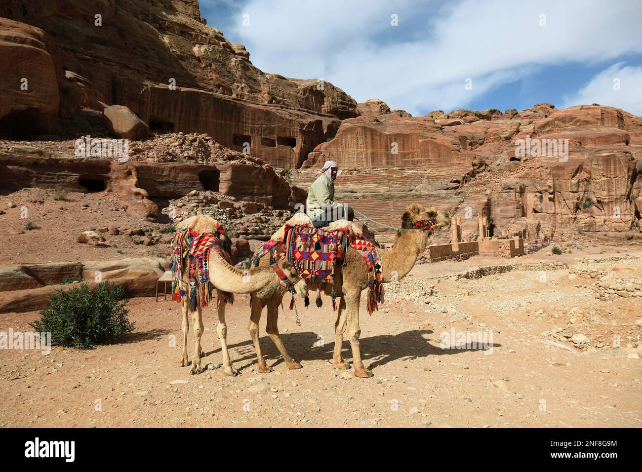 Beduinen mit Reitkamelen, verlassene Felsenstadt Petra, al-Batra ...