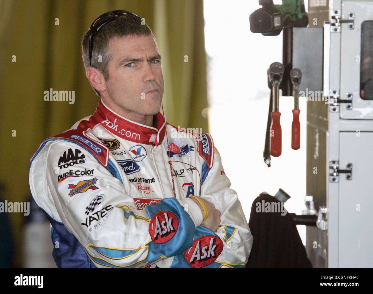 NASCAR driver Bobby Labonte in his garage during practice for the ...