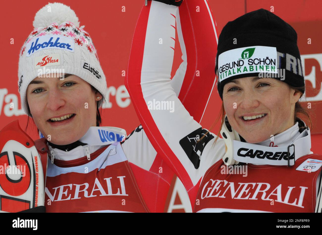Austria's Kathrin Zettel, left, winner of the women's Super-combined ...
