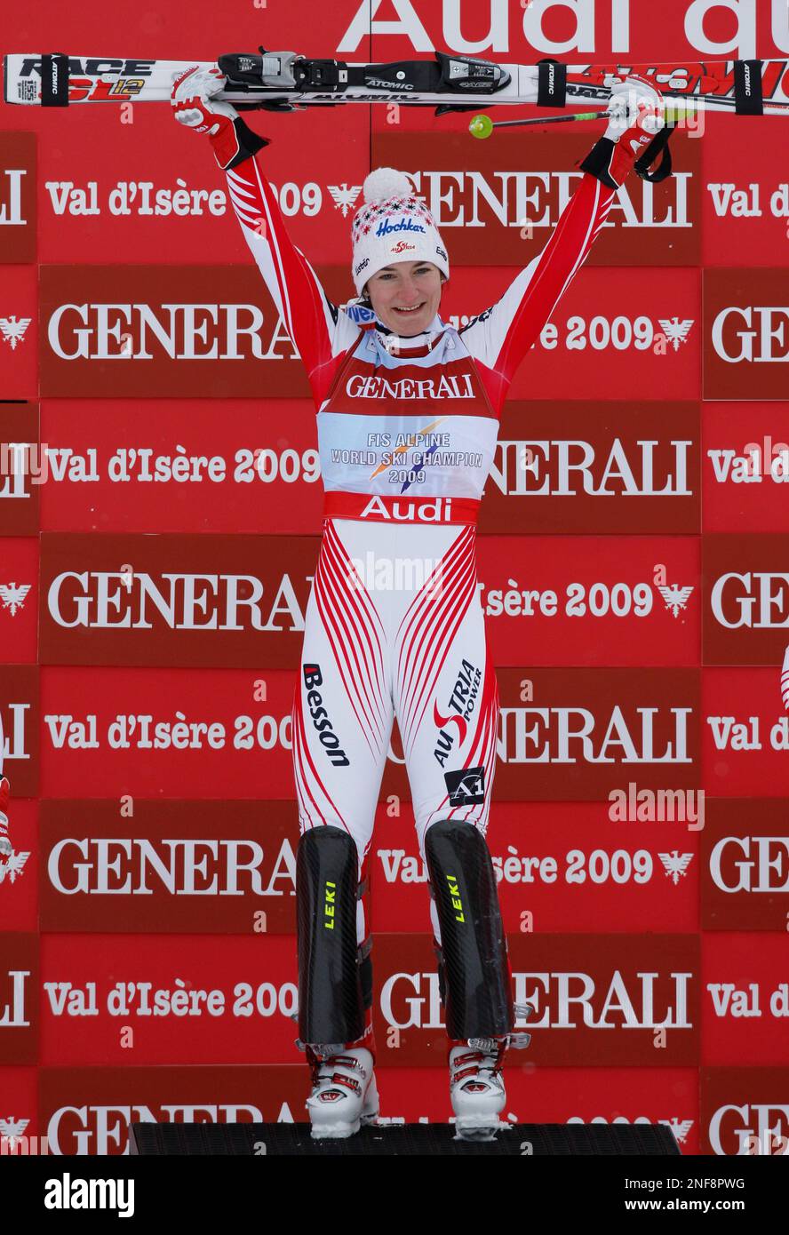 Austria's Kathrin Zettel celebrates on the podium after winning the ...