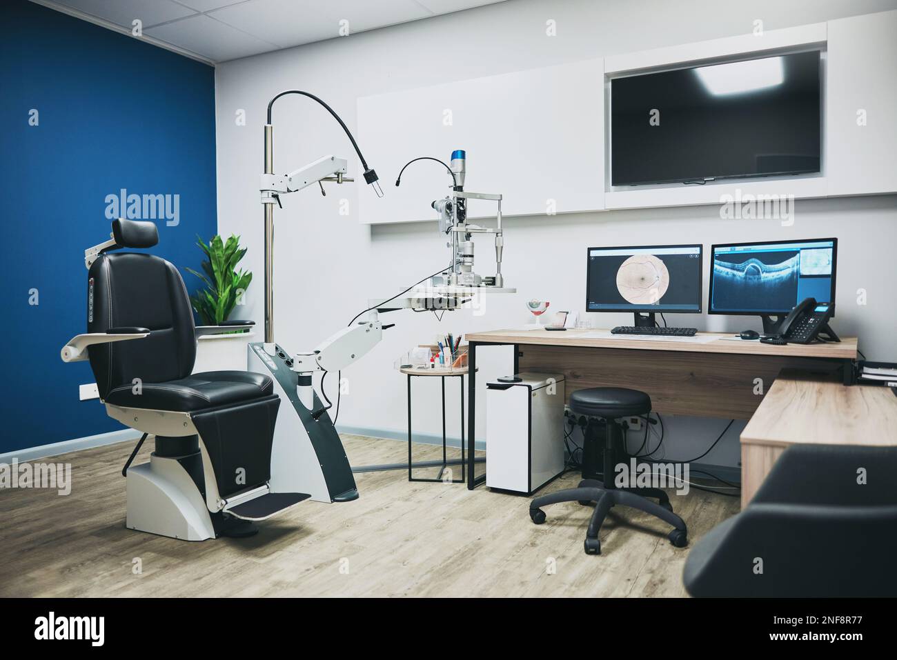 Optometry, empty room and equipment for vision test for eye care in a ...