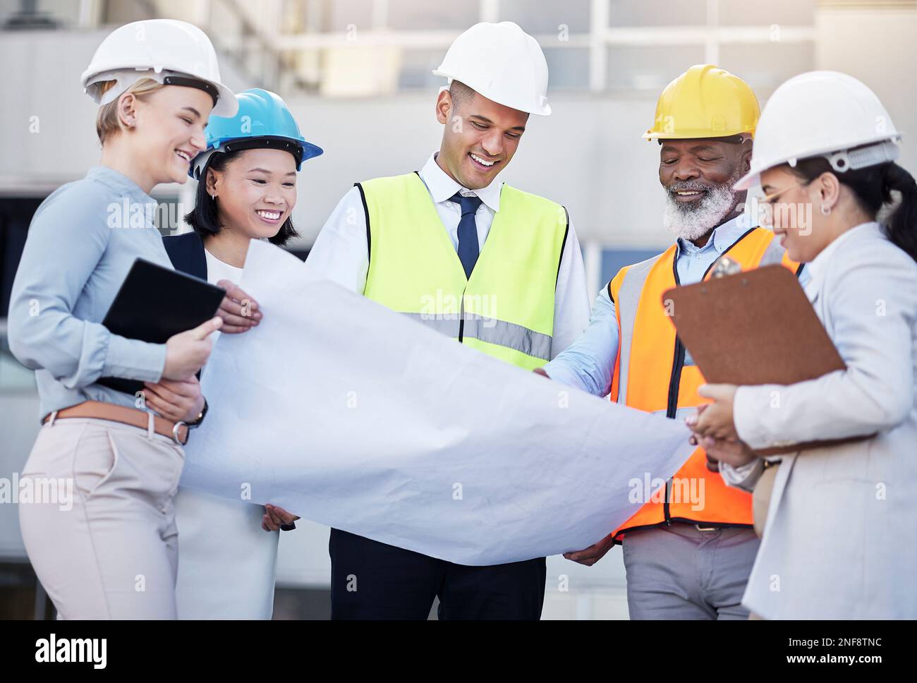 Architect, building and construction team with blueprint in planning ...