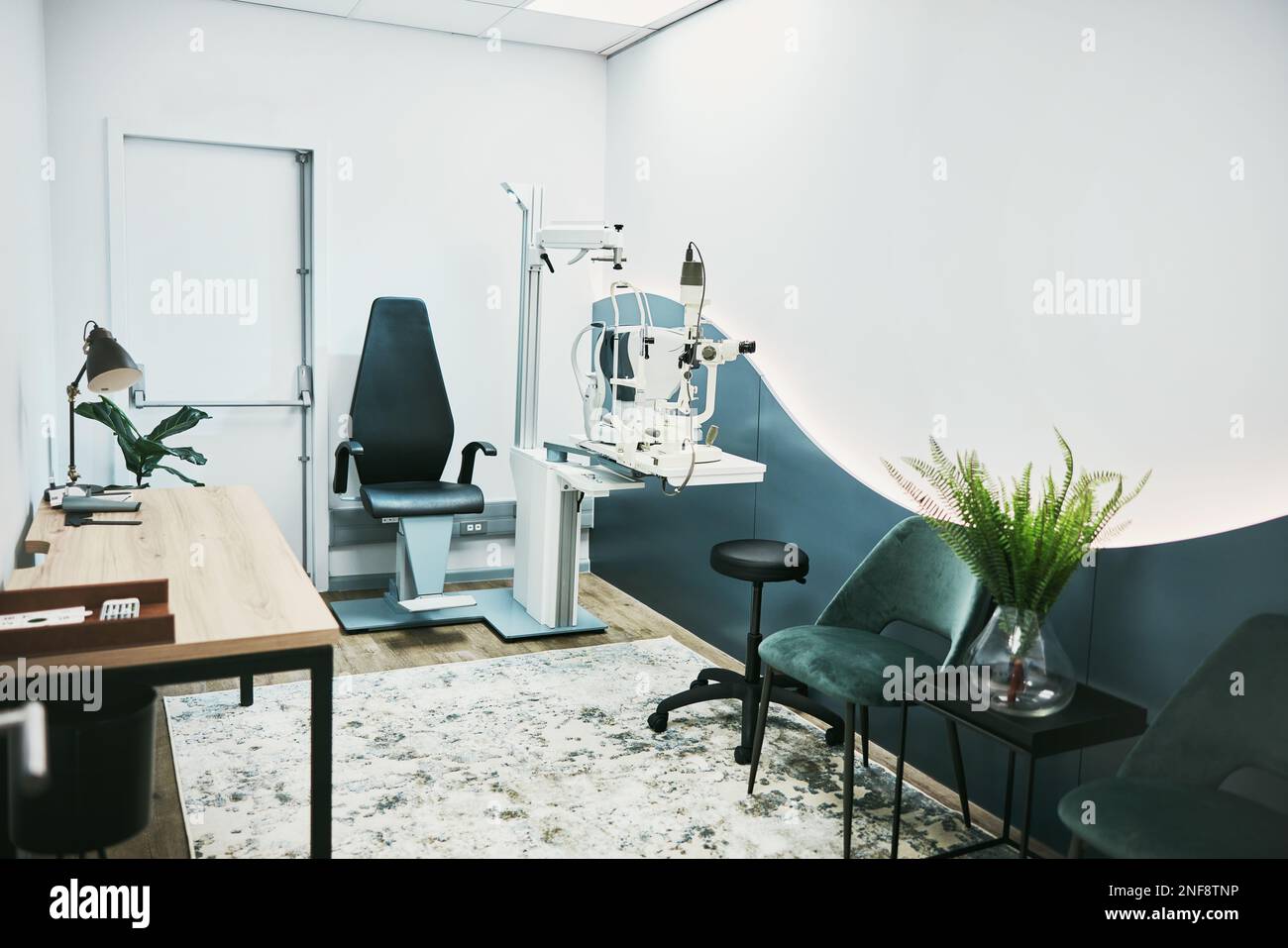 Medical, ophthalmology and laser in empty room of clinic for eye exam ...