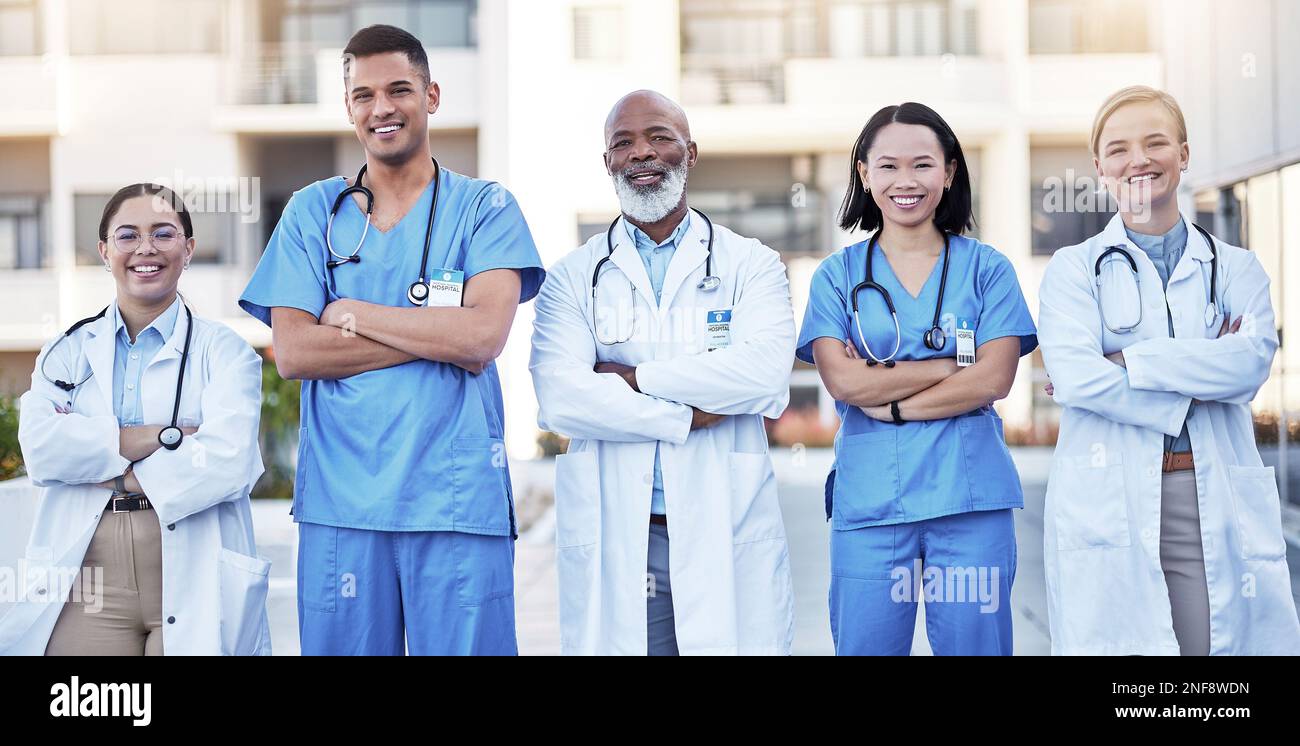 Diversity, proud and doctors portrait in healthcare service, hospital integrity and teamwork or ...