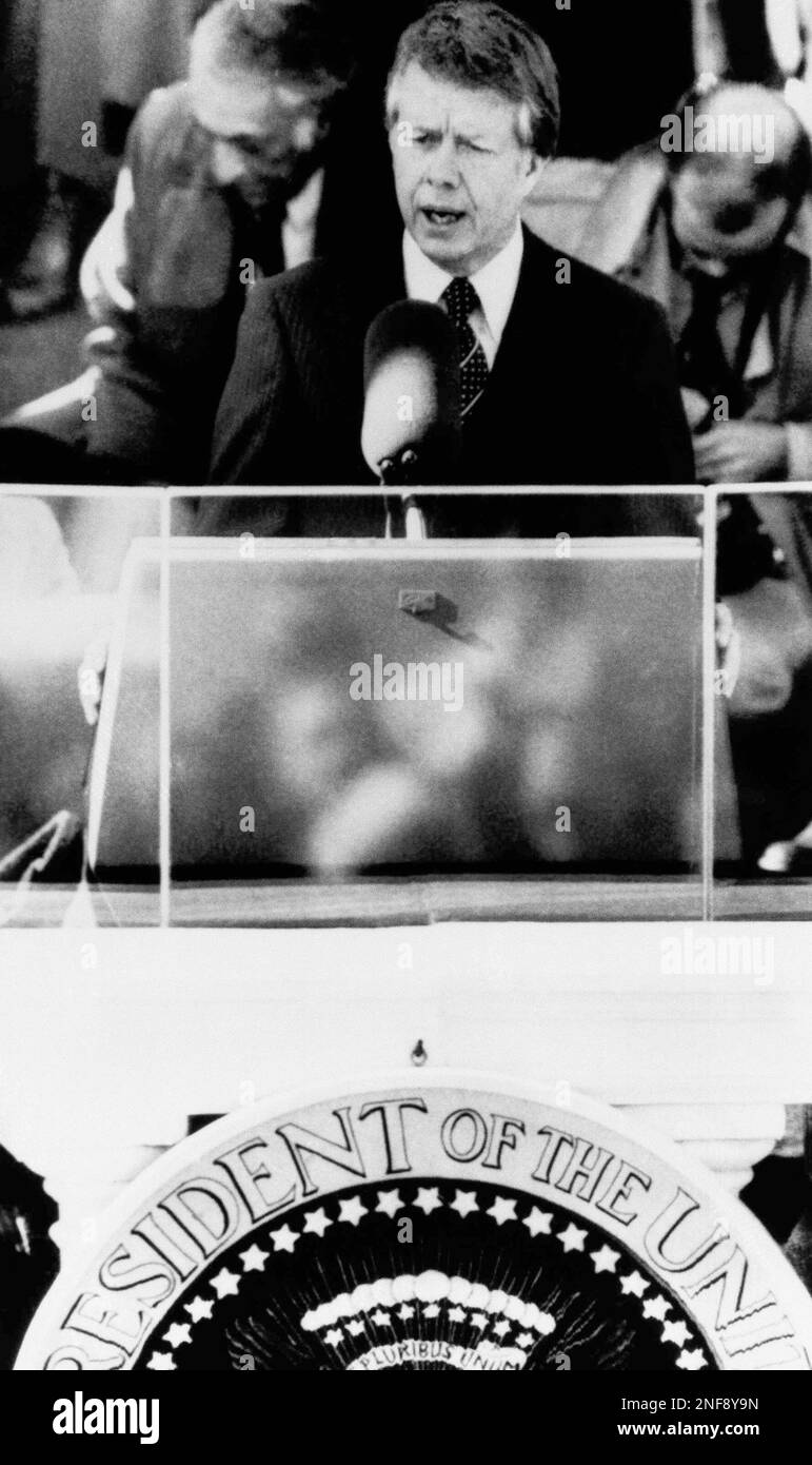 President Jimmy Carter addresses the crowd attending his inauguration ...
