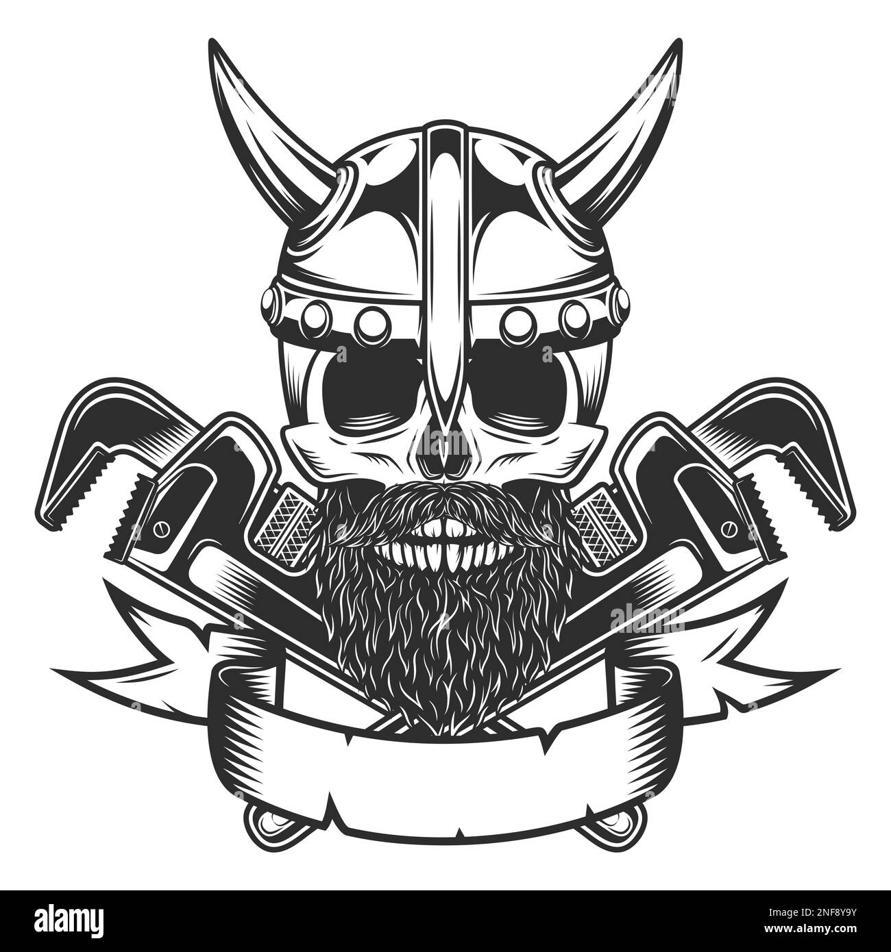 Viking skull in horned helmet with mustache and beard with construction ...
