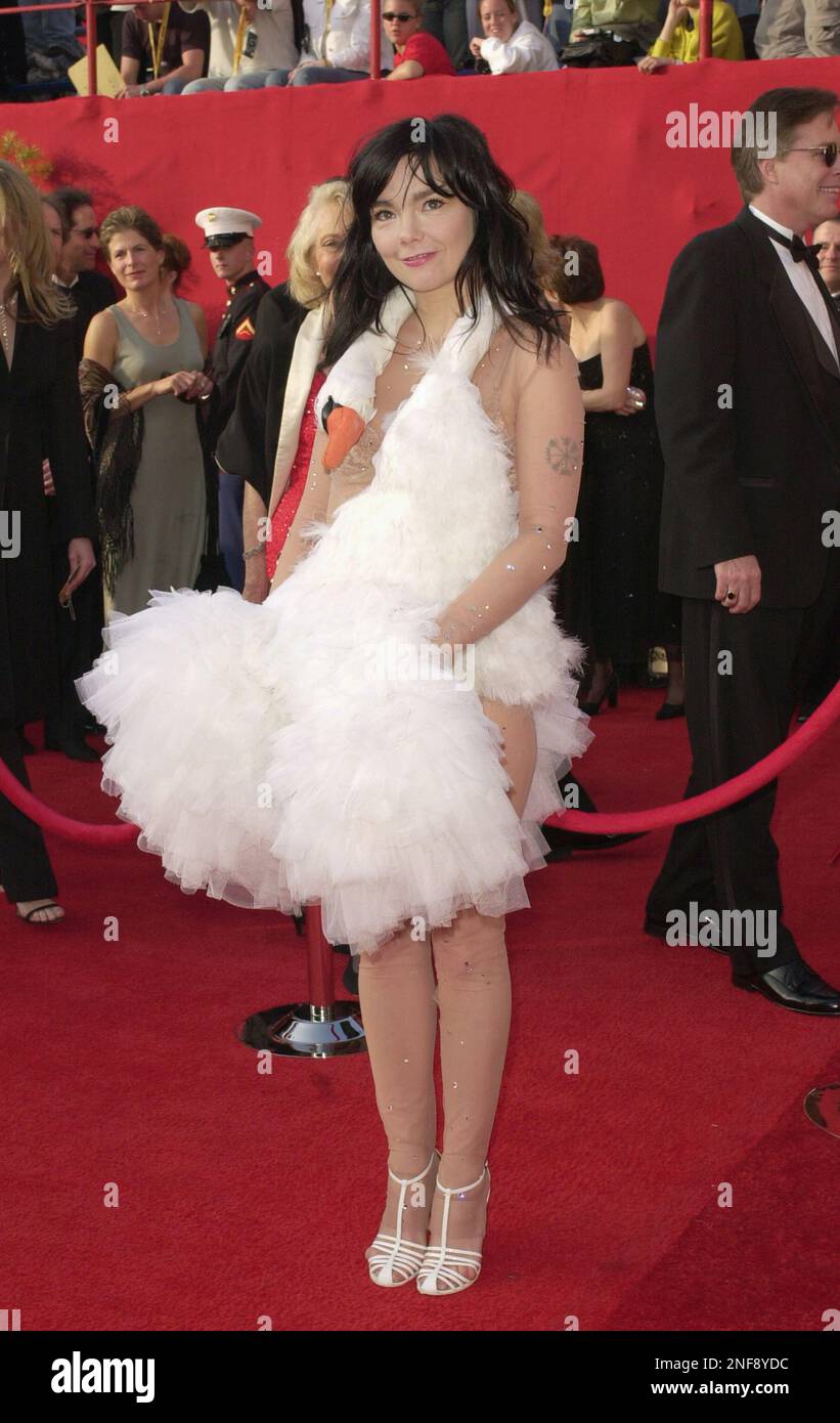 Singer Bjork, wearing a Marjan Pejoski swan gown, arrives at the 73rd ...