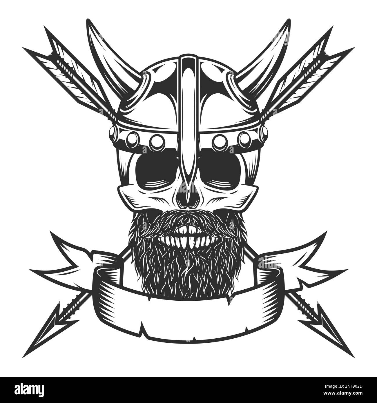 Viking skull with mustache and beard in horned helmet with hunting ...