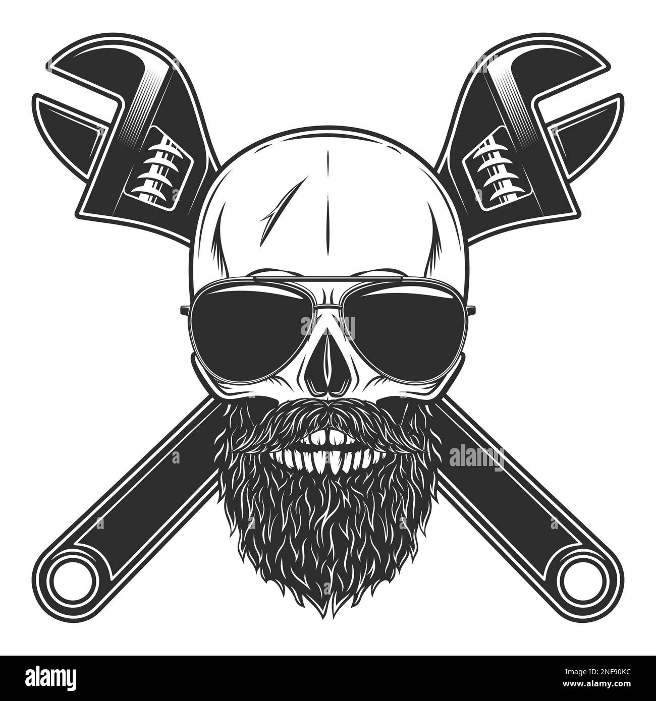 Skull with mustache and beard in sunglasses with construction wrench ...
