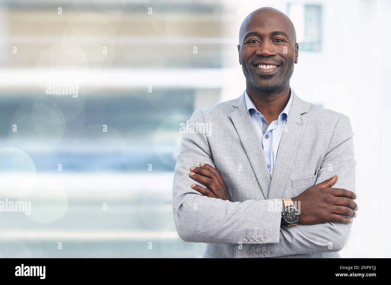 Smile, leadership and portrait of black man, confident ceo with mockup ...