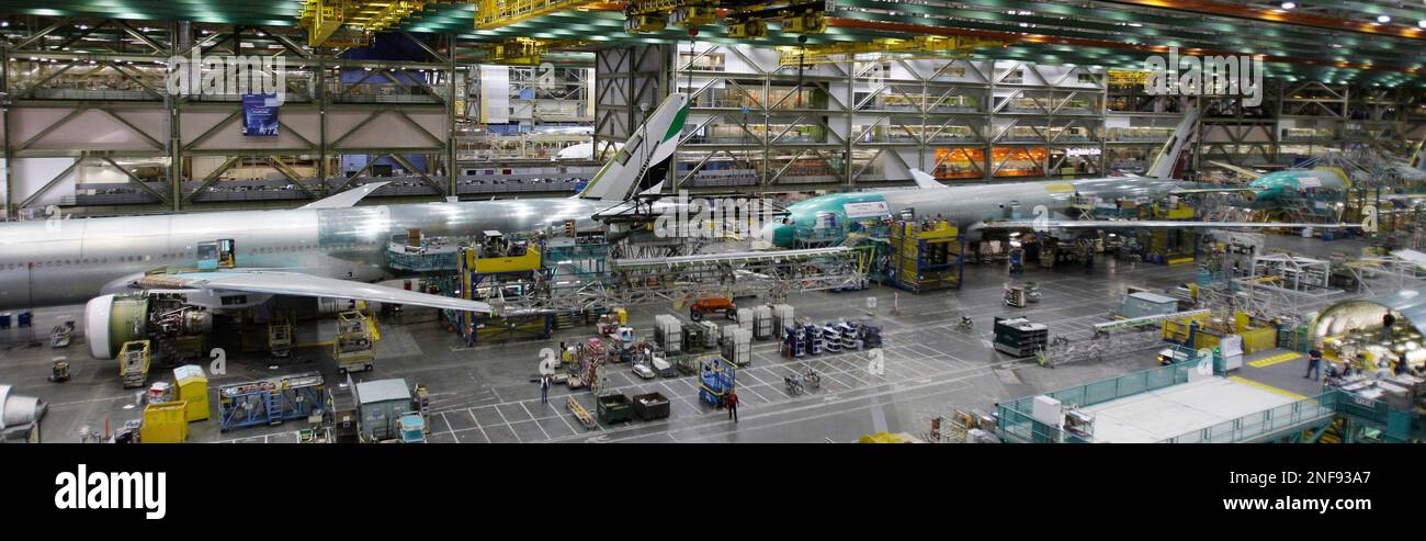 The Boeing 777 airplane line is shown at Boeing Co.'s airplane assembly ...