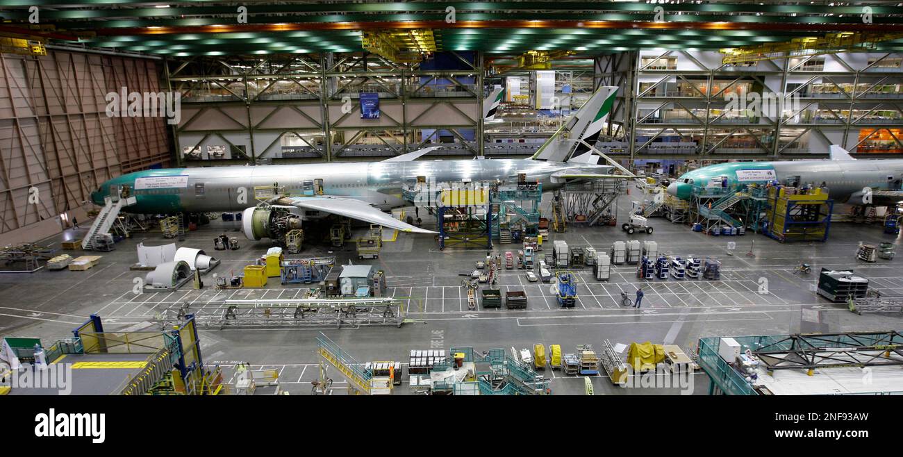 The Boeing 777 line is shown at Boeing Co.'s airplane assembly plant in ...