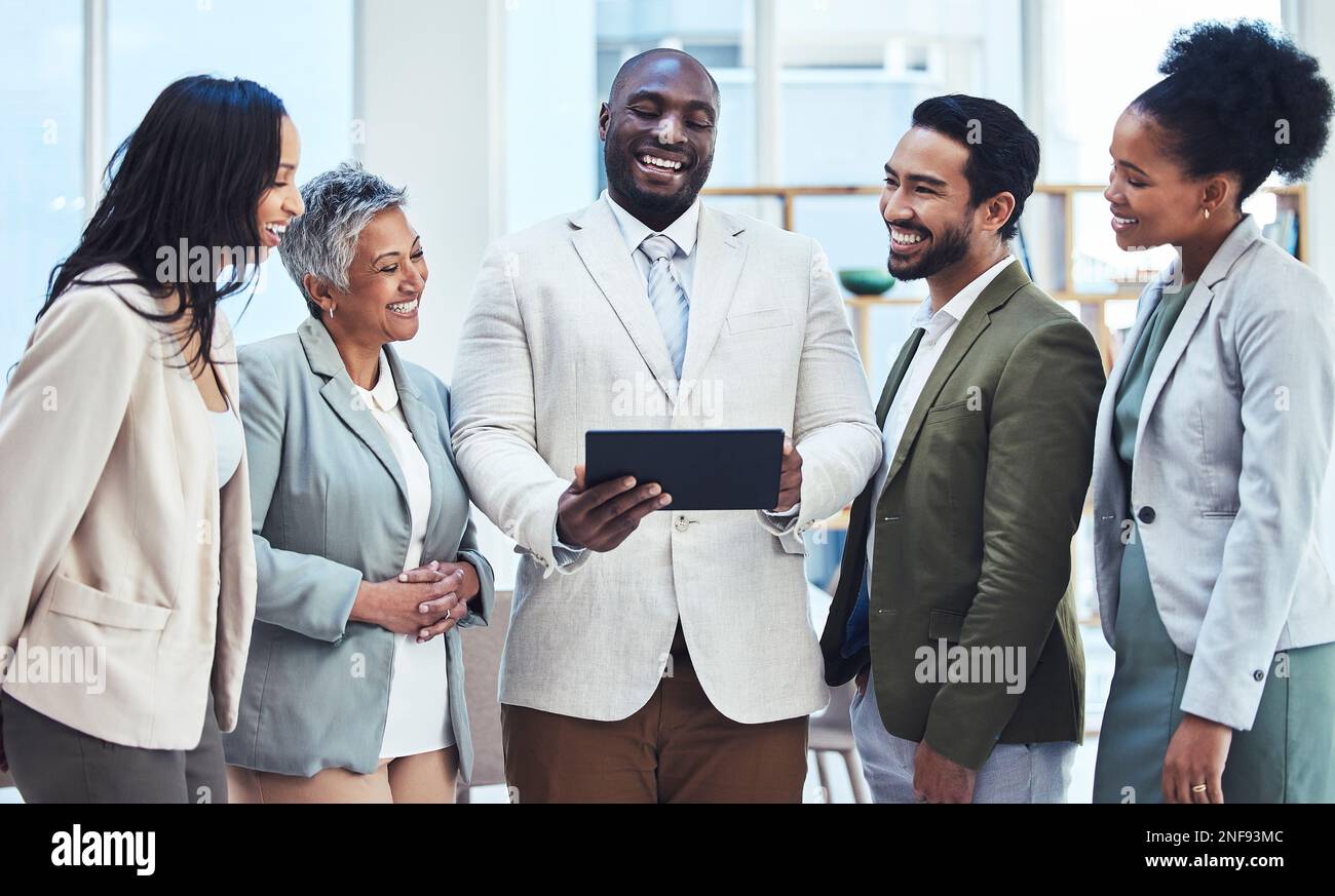 Business people, black man or meeting with tablet for meme content or ...