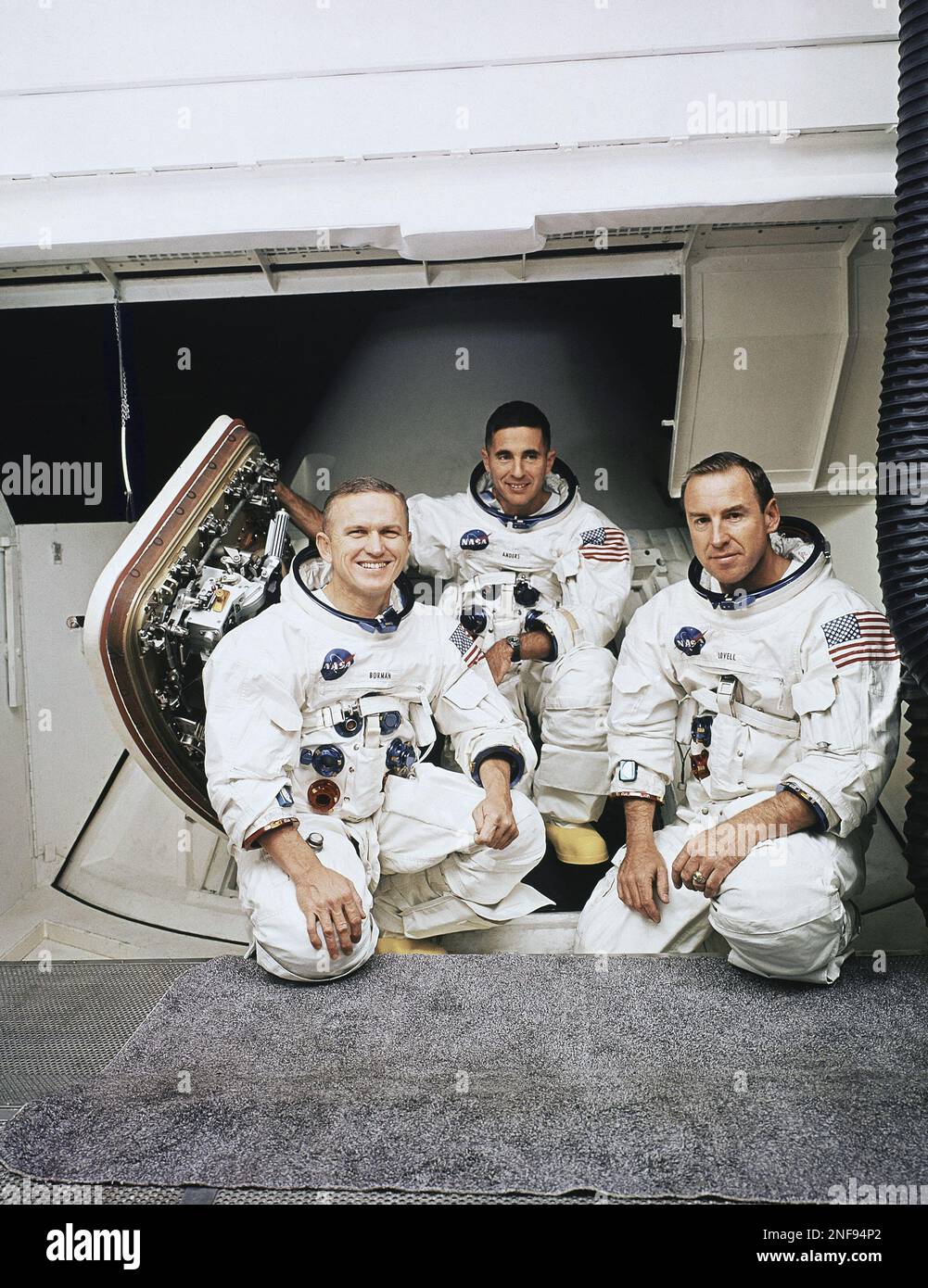 Left to right: Frank Borman, commander of 3-man Apollo 8 crew, William A. Anders and James A ...