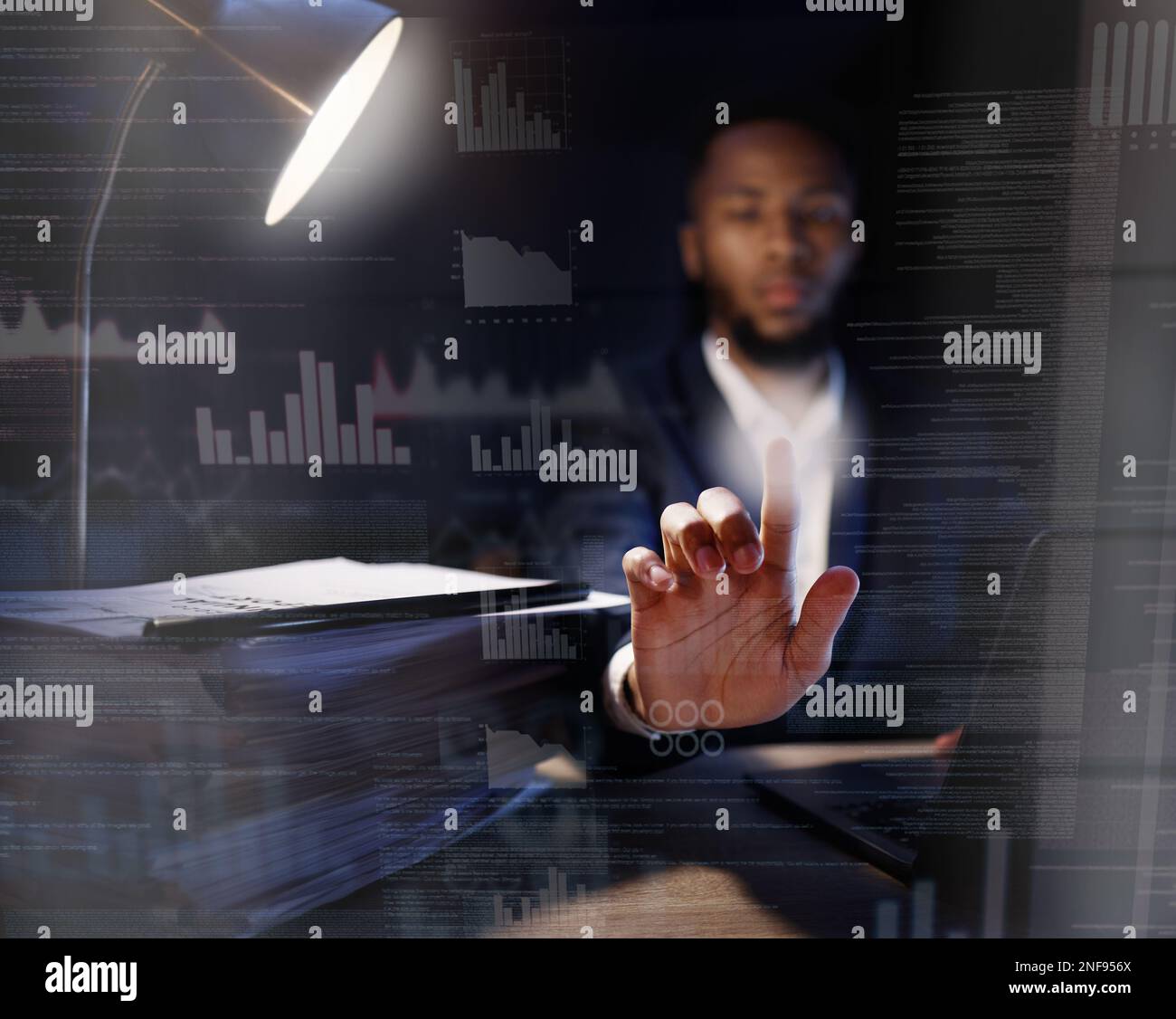 Hologram, black man and code for programming, overlay and cyber ...