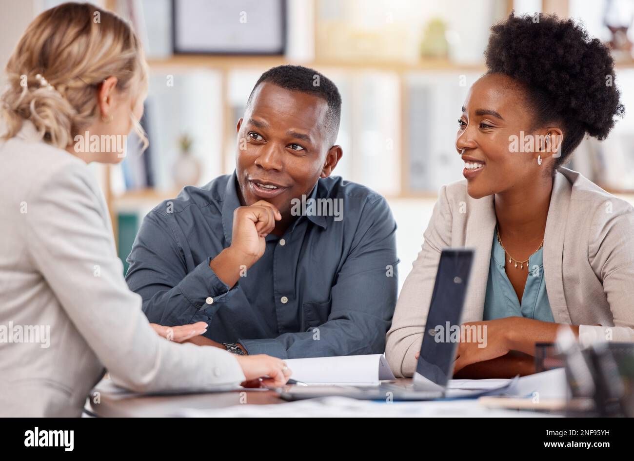 Black couple, financial advisor and investment planning meeting with ...