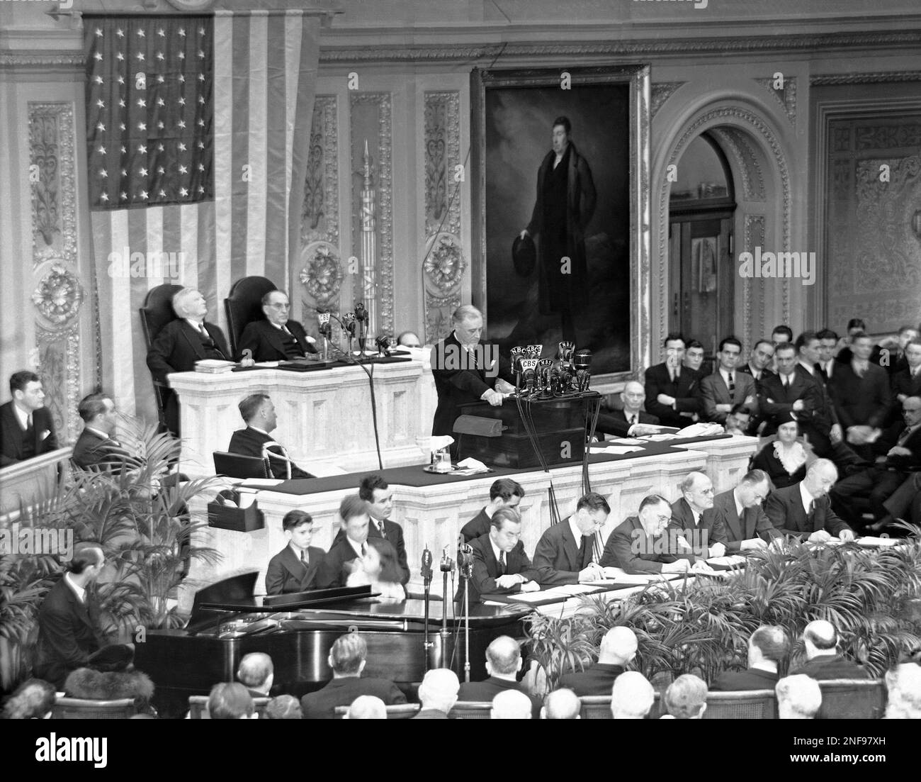 President Franklin D. Roosevelt is shown addressing a joint session of ...