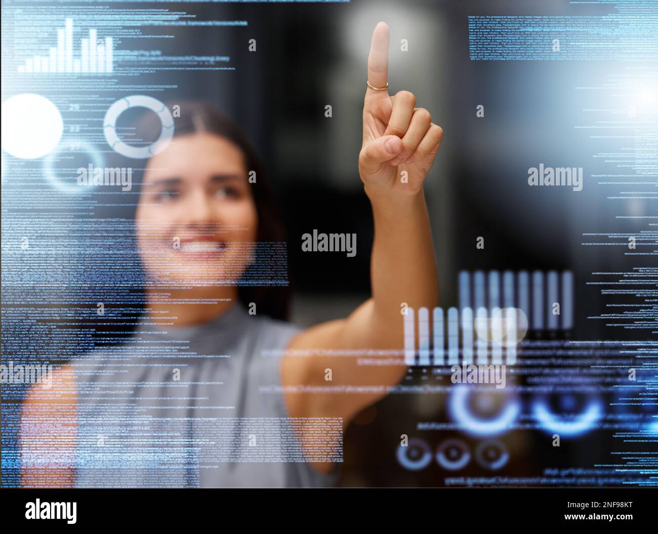 Woman Touch Screen And Hologram Of Data Analytics Coding Software And Programming Developer At 