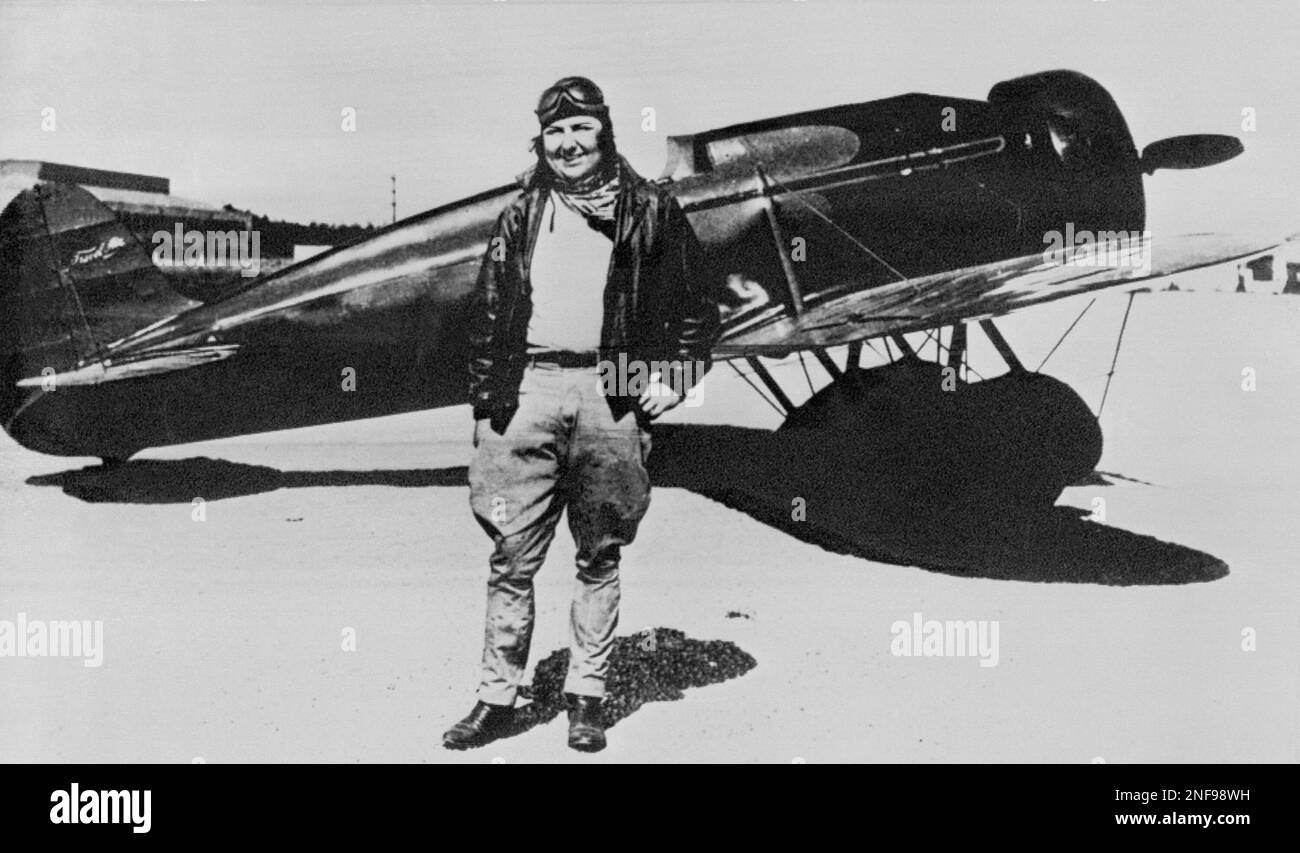 Florence Lowe "Pancho" Barnes, an aviator is shown in a 1930’s photo in front of the Travel Air ...