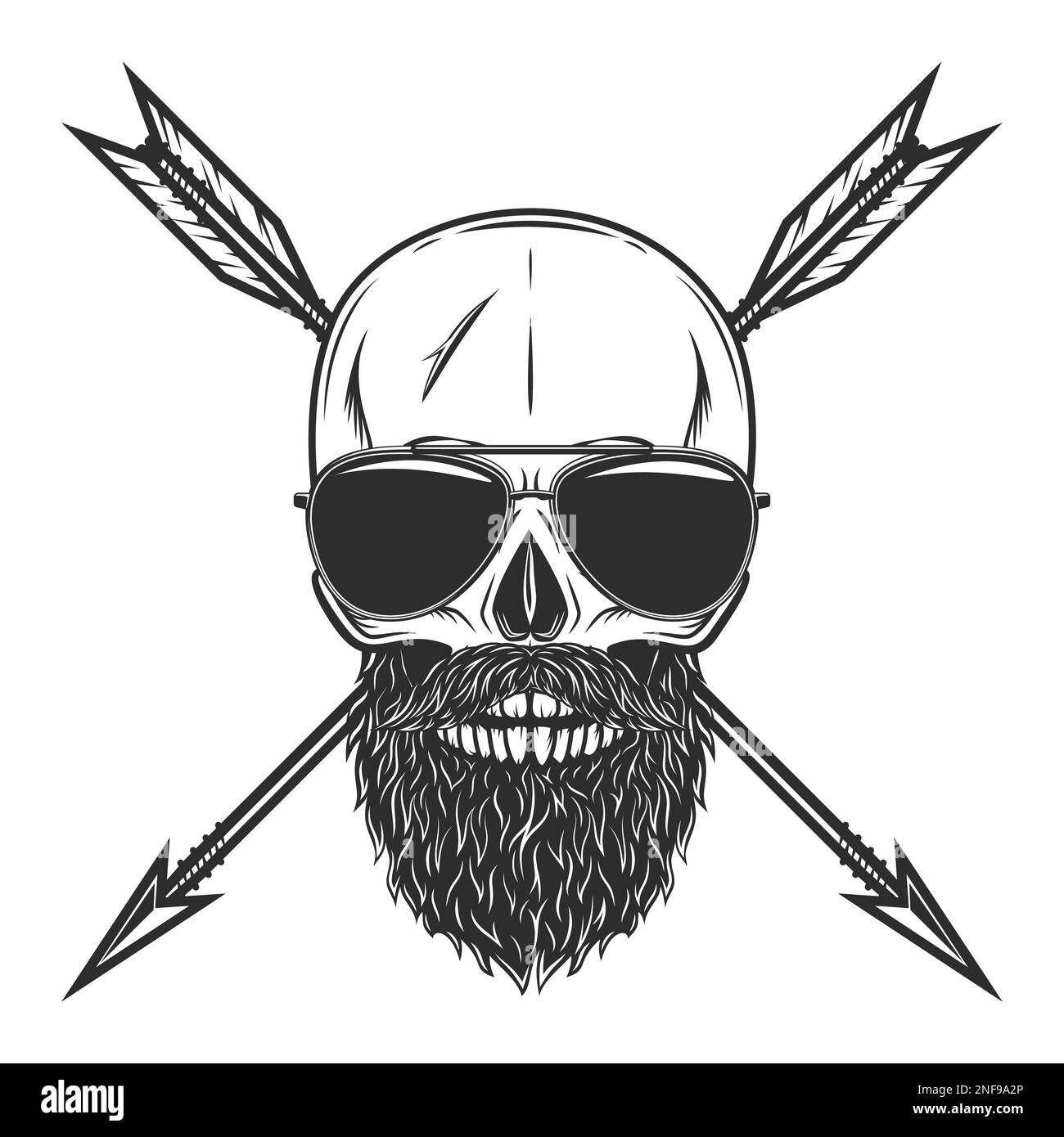 Skull in sunglasses with mustache and beard and vintage hunting arrow ...