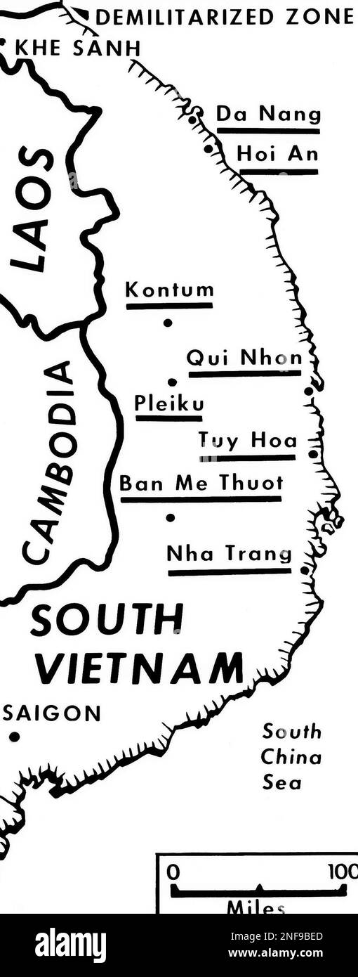 Underlined on a map created Jan. 30, 1968, are cities in South Vietnam ...