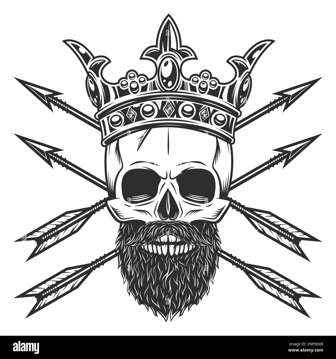 Skull with mustache and beard in royal crown and vintage hunting arrow ...