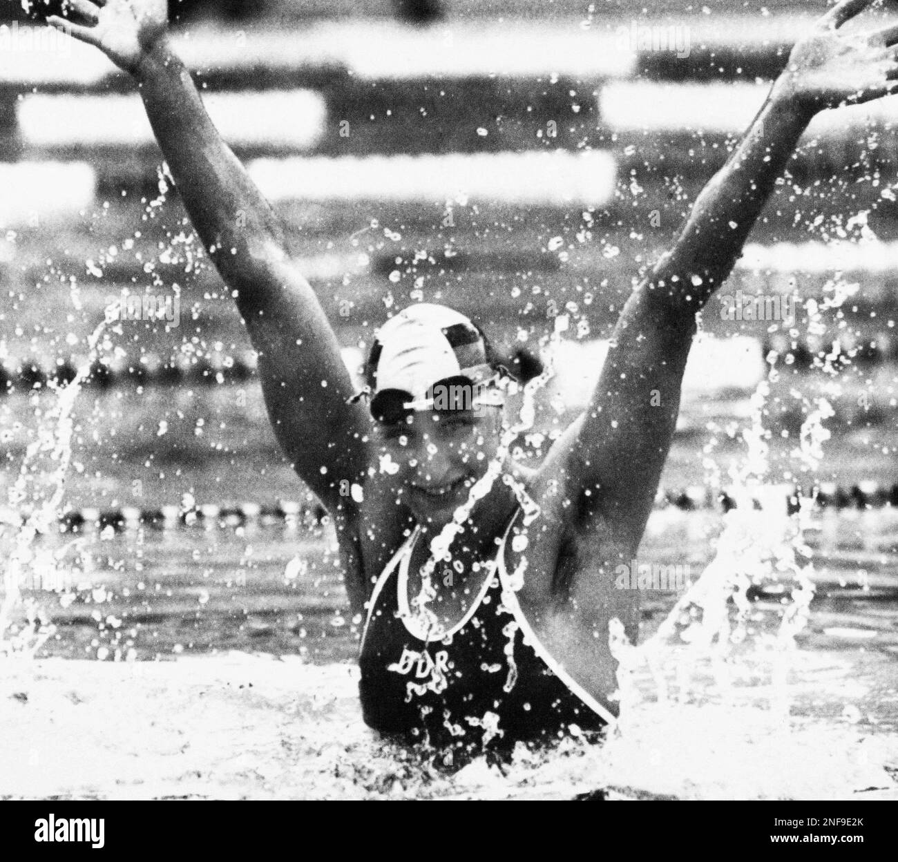 East Germany’s Ute Geweniger exhults after she set a world record of 1: ...