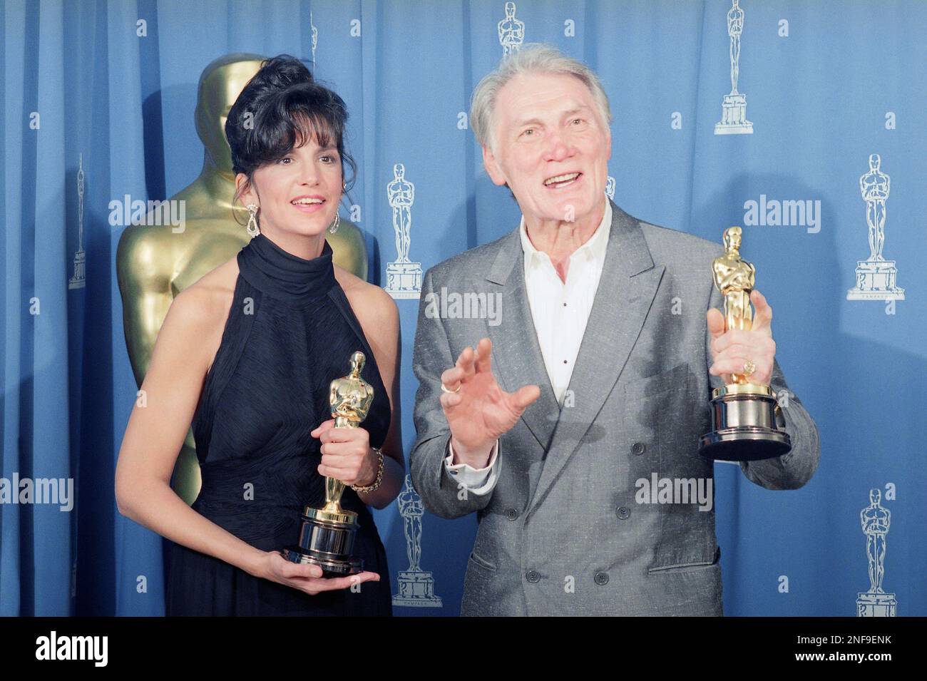 Mercedes Ruehl, left, and Jack Palance talk to the press after ...