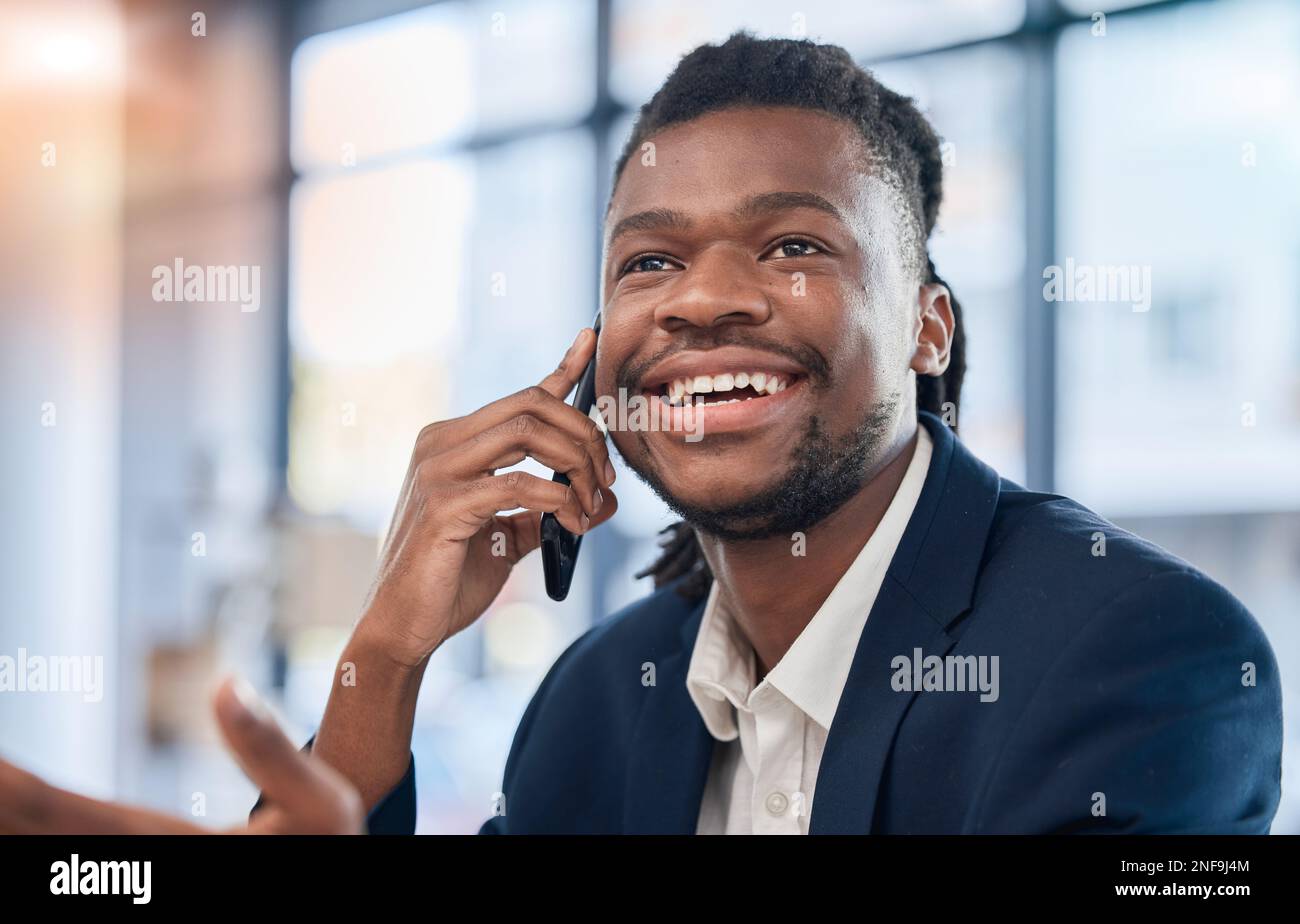Communication, connection and black man thinking on a phone call for ...
