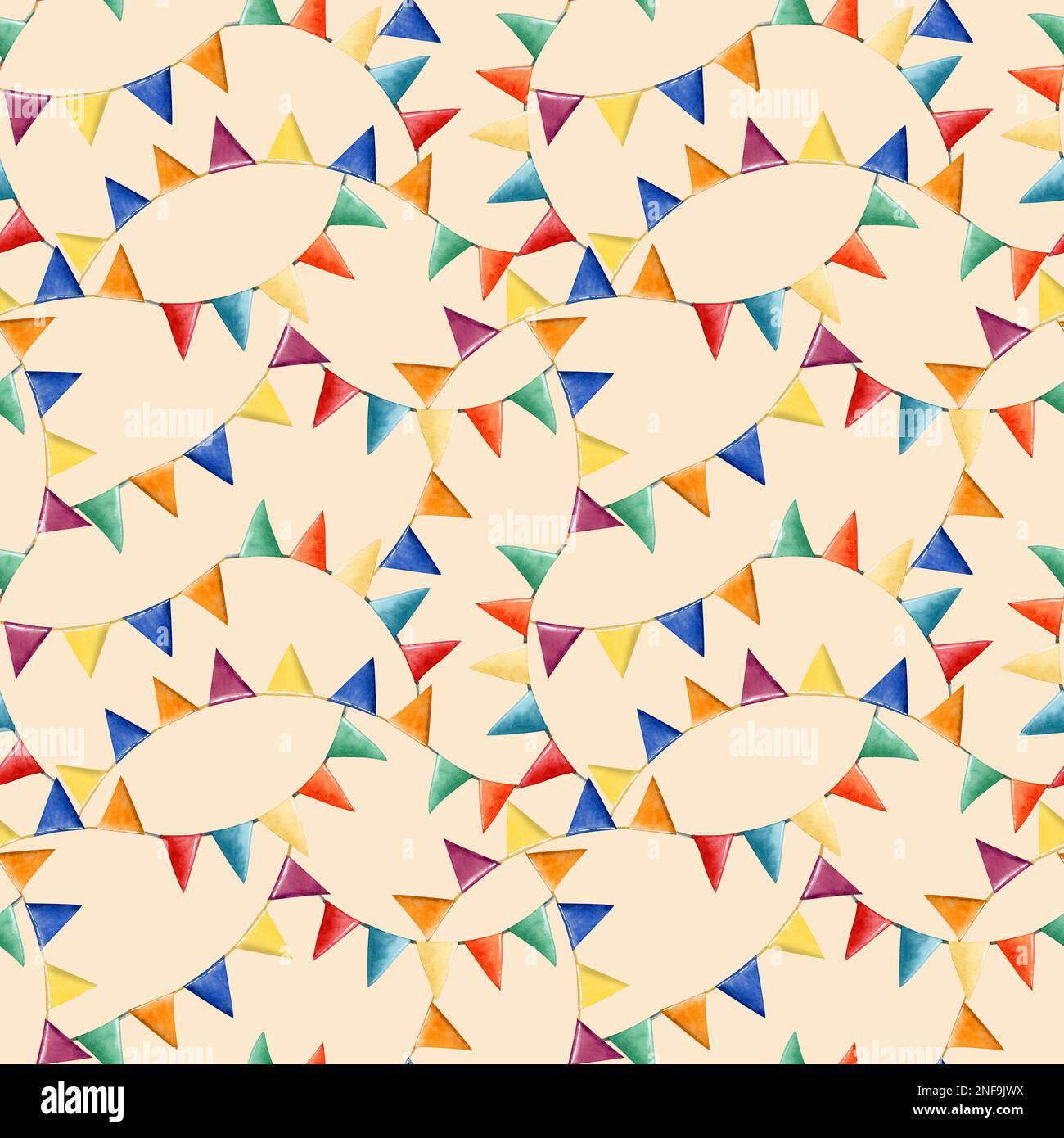 Colourful bunting flags watercolor seamless pattern on beige background ...