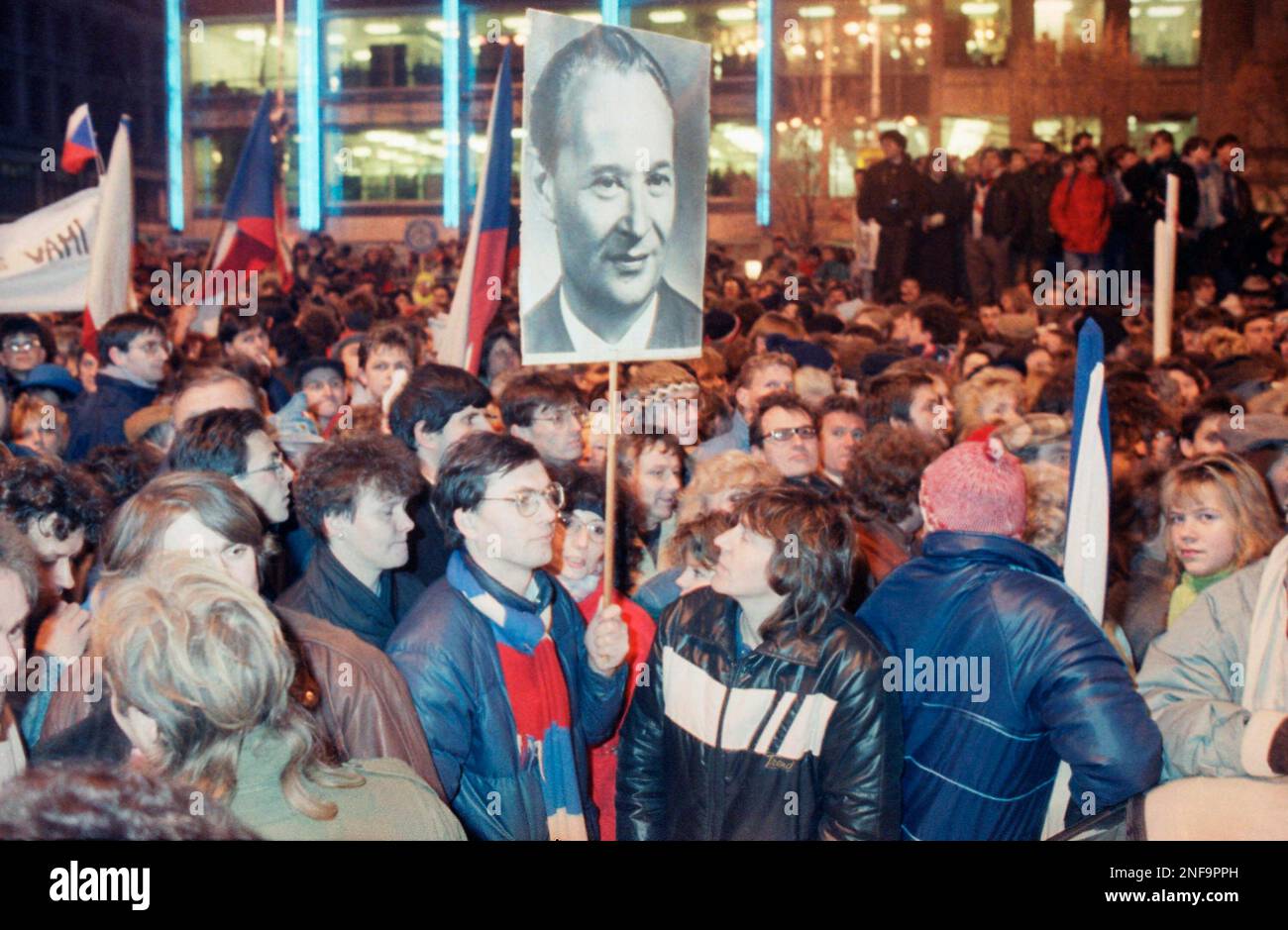Demonstrators carry a picture of Alexander Dubcek, the leader of the ...