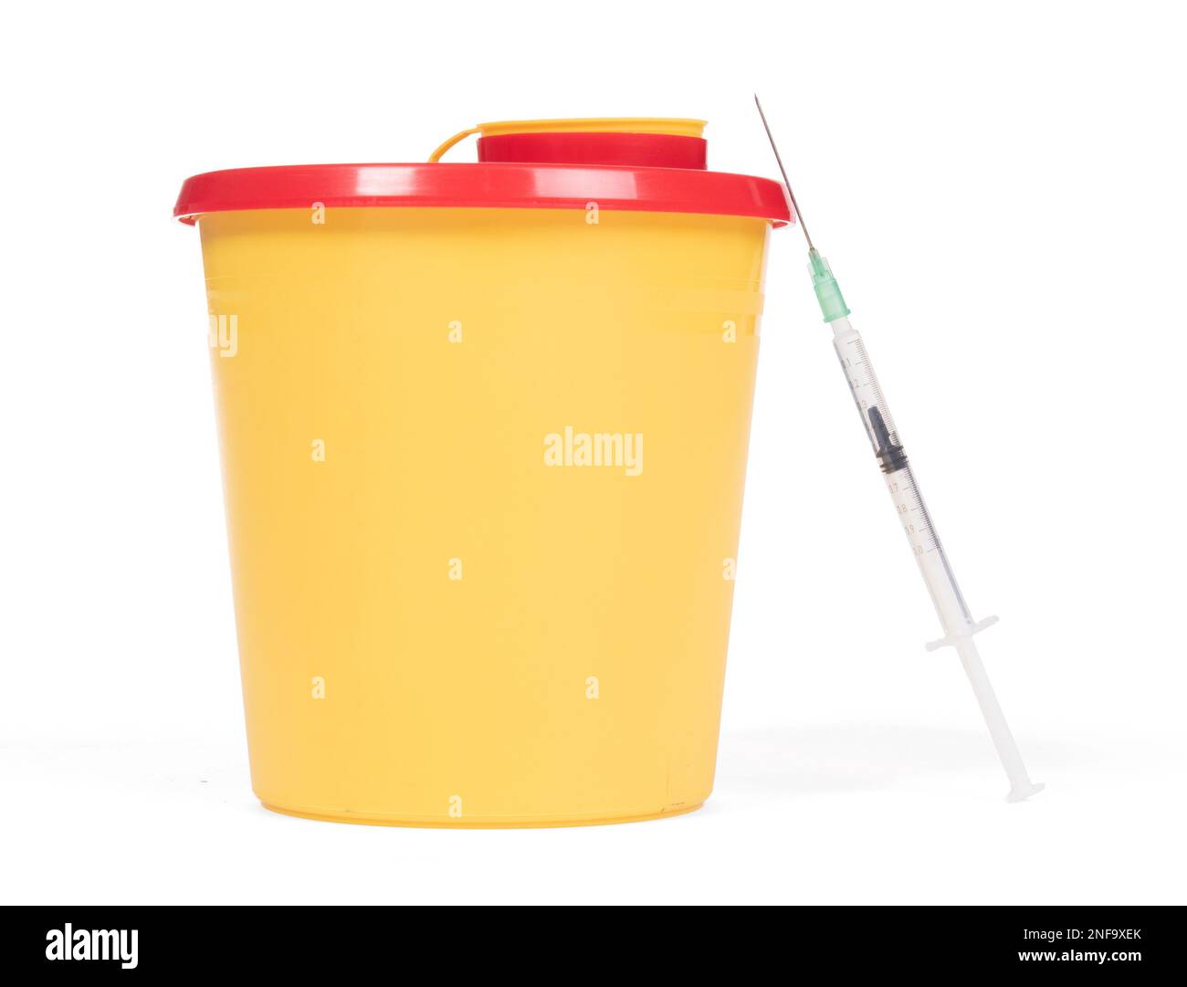 Medical box with contaminated needles isolated on white with clipping ...