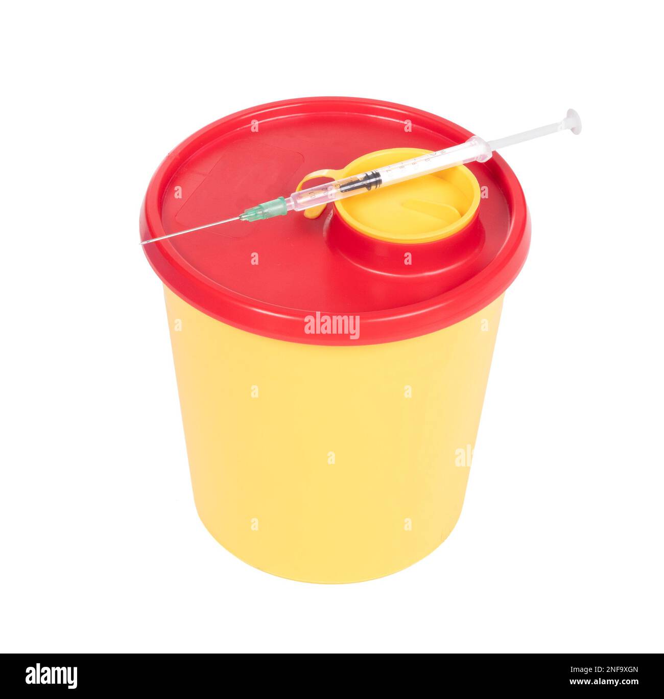 Medical box with contaminated needles isolated on white with clipping ...