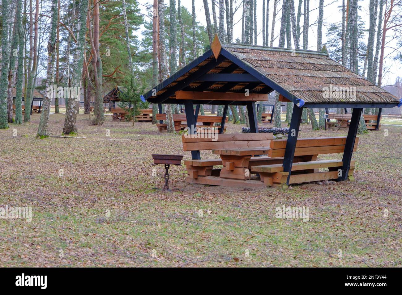 Wooden gazebo, resting place in the park. Equipped with wooden tables ...