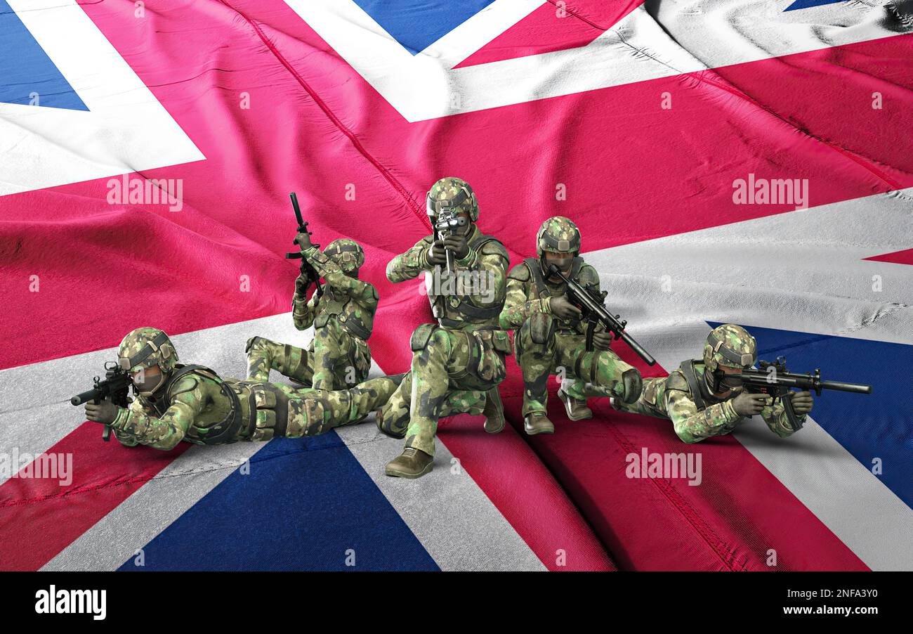 3d Illustration of UK army soldier with nation flag. Greeting card for ...