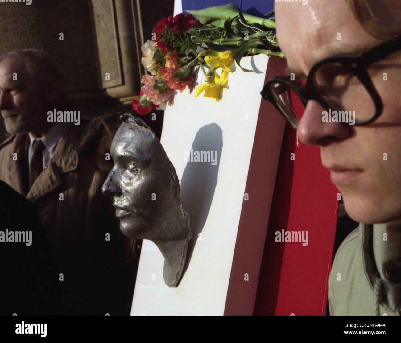 The death mask of Jan Palach is pictured at Palach Square in Prague ...