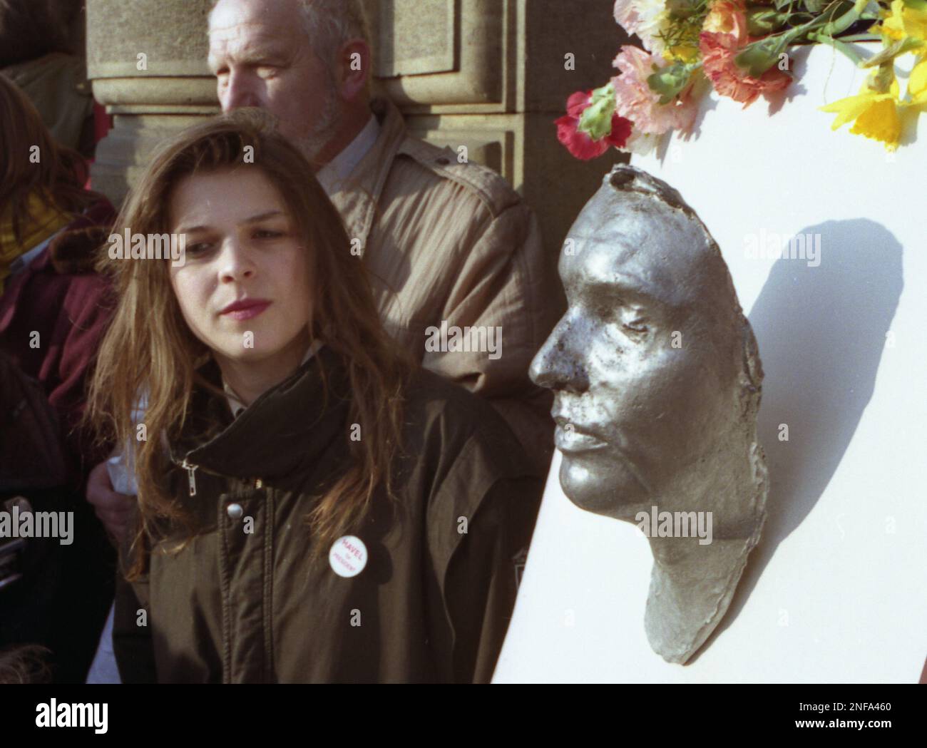 A woman looks at the death mask of Jan Palach at Palach Square in ...