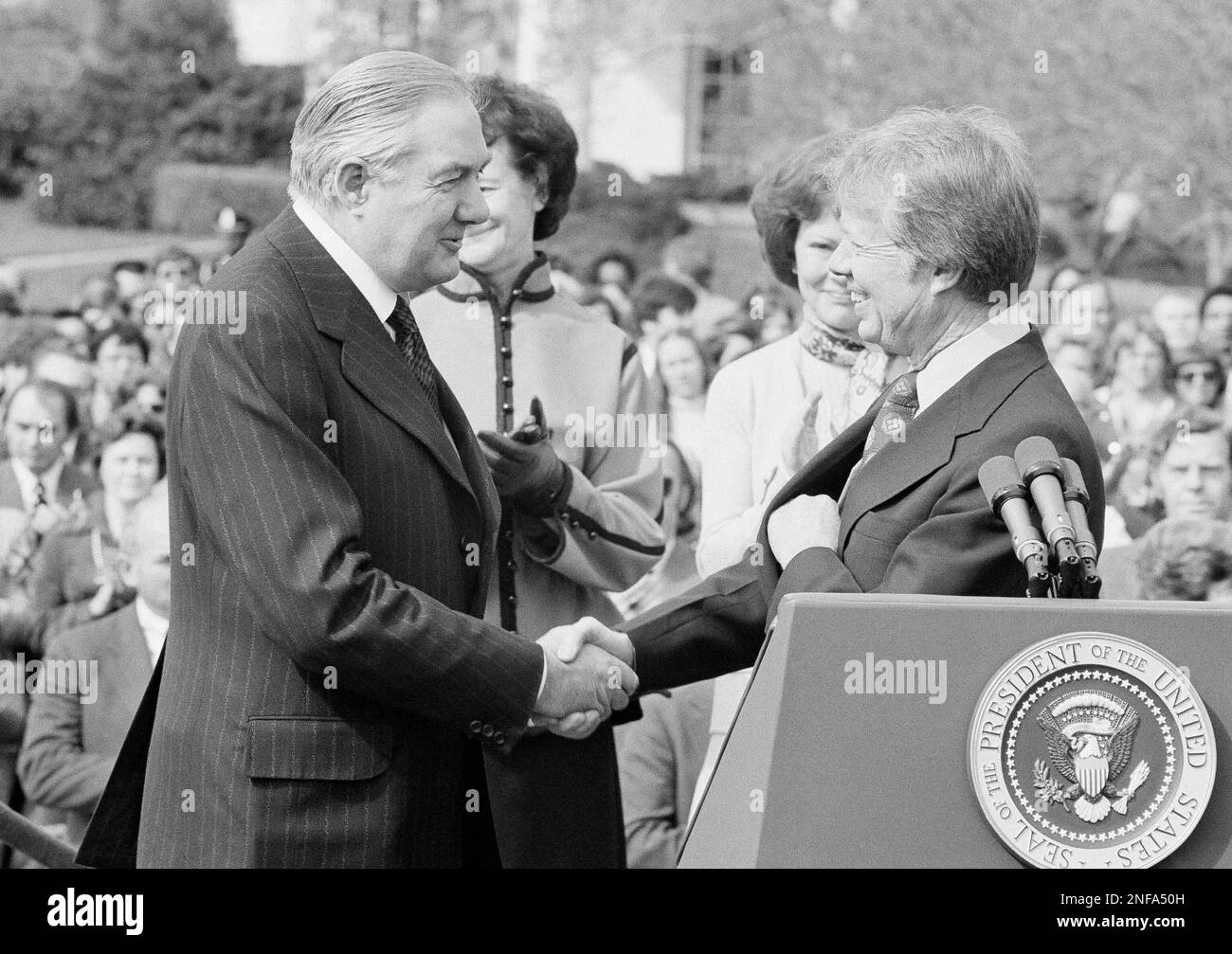 President Jimmy Carter, right, congratulates British Prime Minister ...