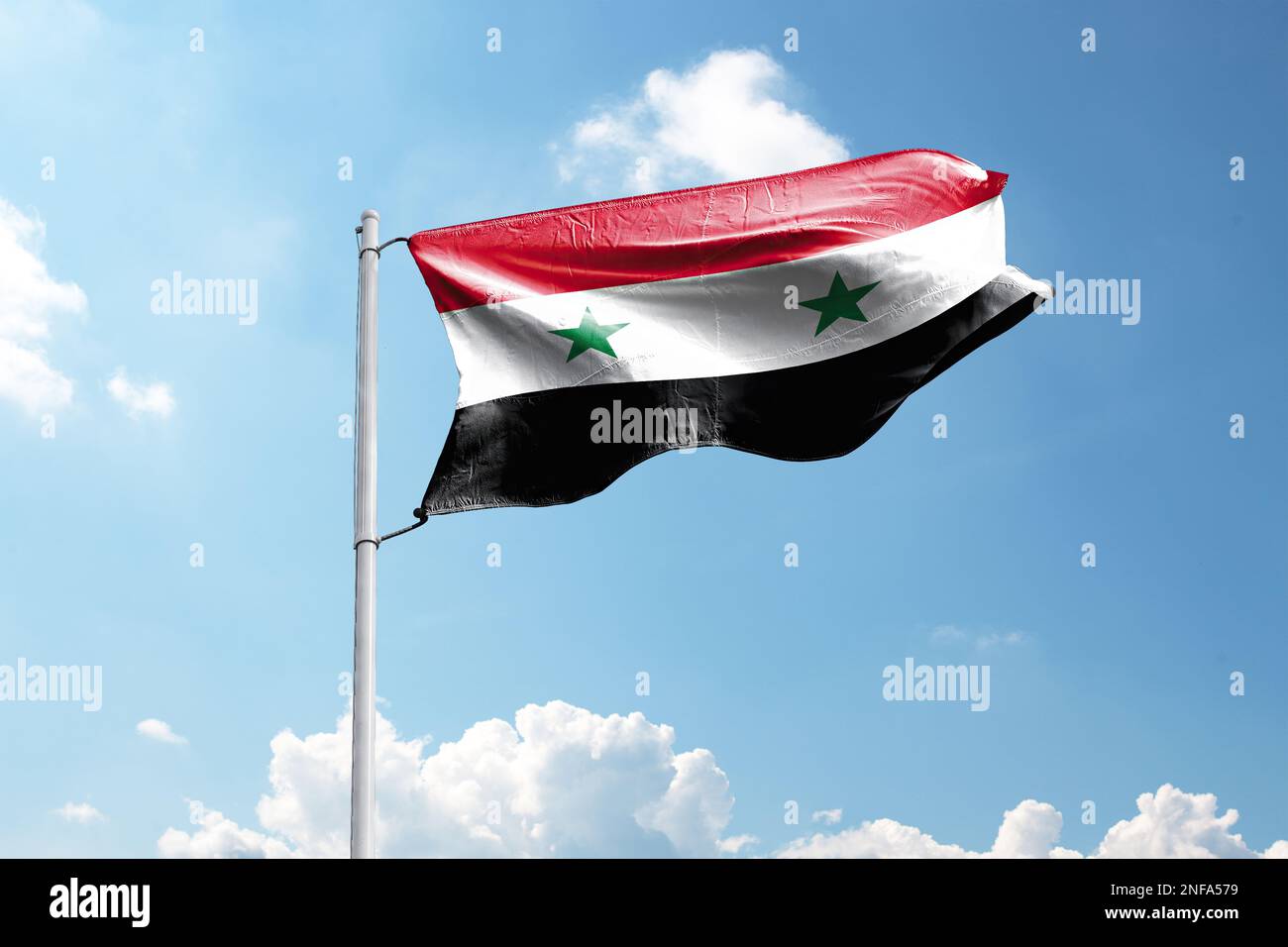 3d Illustration of Syria national flag waving in the sky with clipping ...