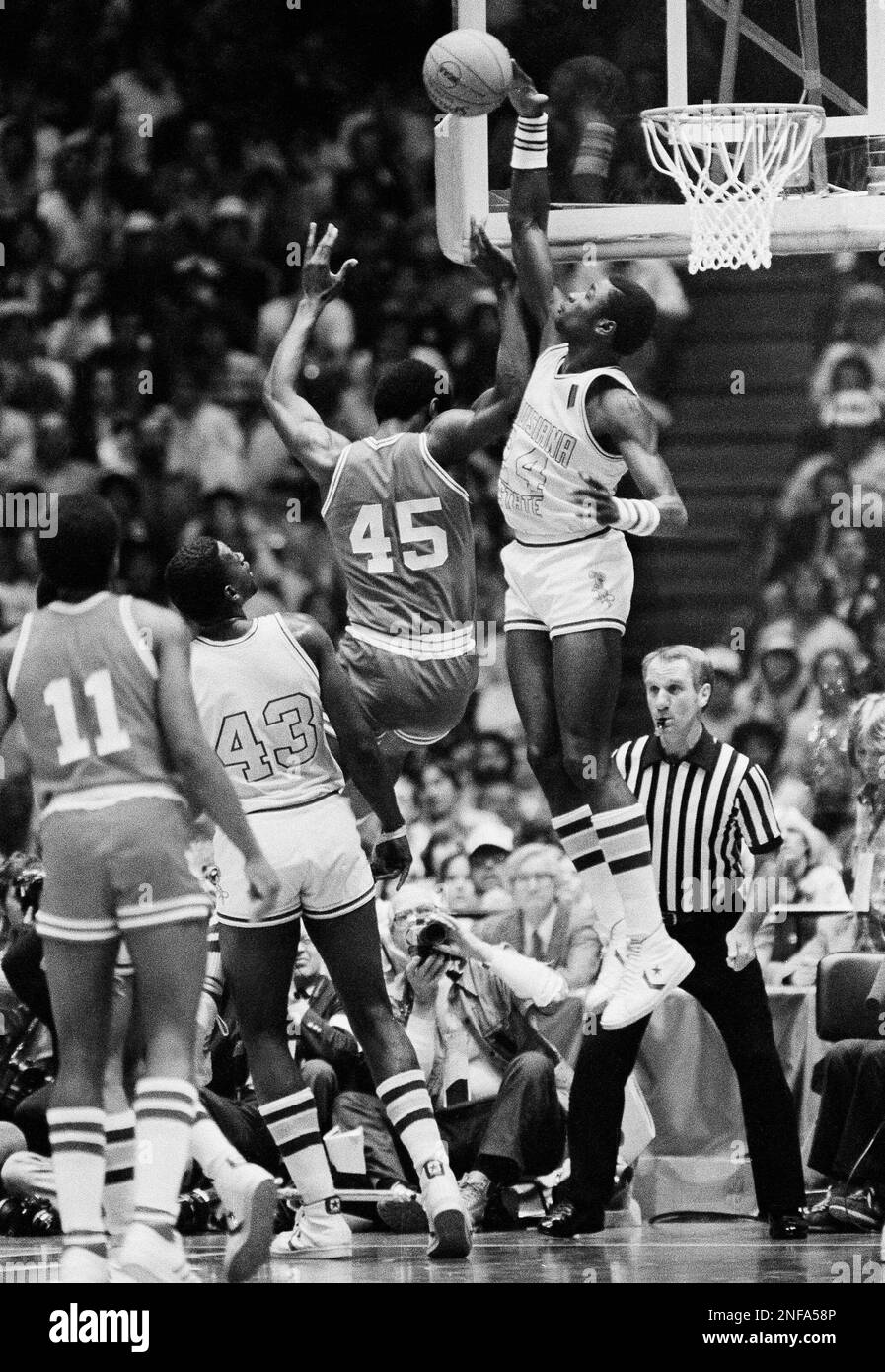 Indiana's Ray Tolbert (45) blocks shot by Louisiana State's Leonard ...
