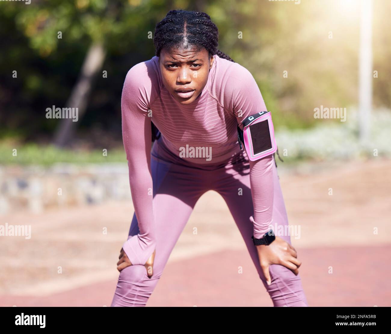 Portrait, sweating and black woman tired, fitness and training for ...